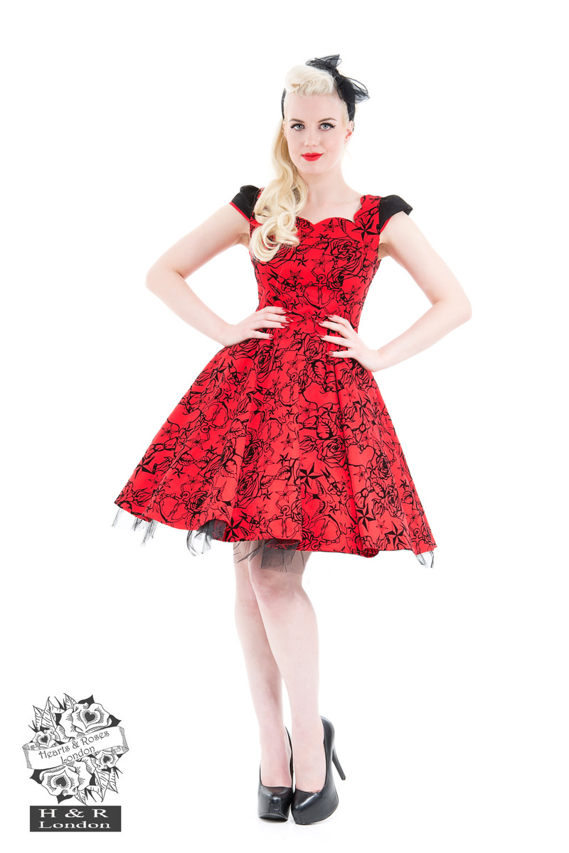 Red Flocked Evening Swing Dress in Red - Hearts & Roses London