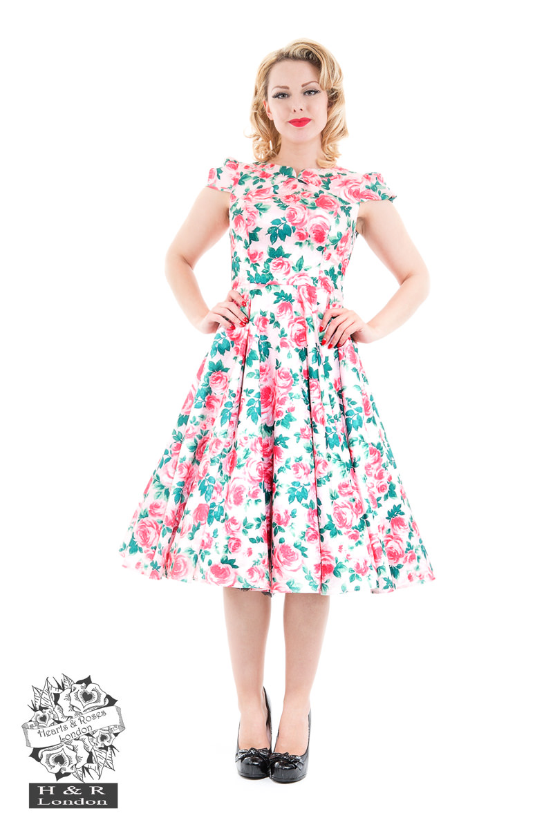 Bright Pink Rose Floral Swing Dress in Pink - Hearts & Roses London