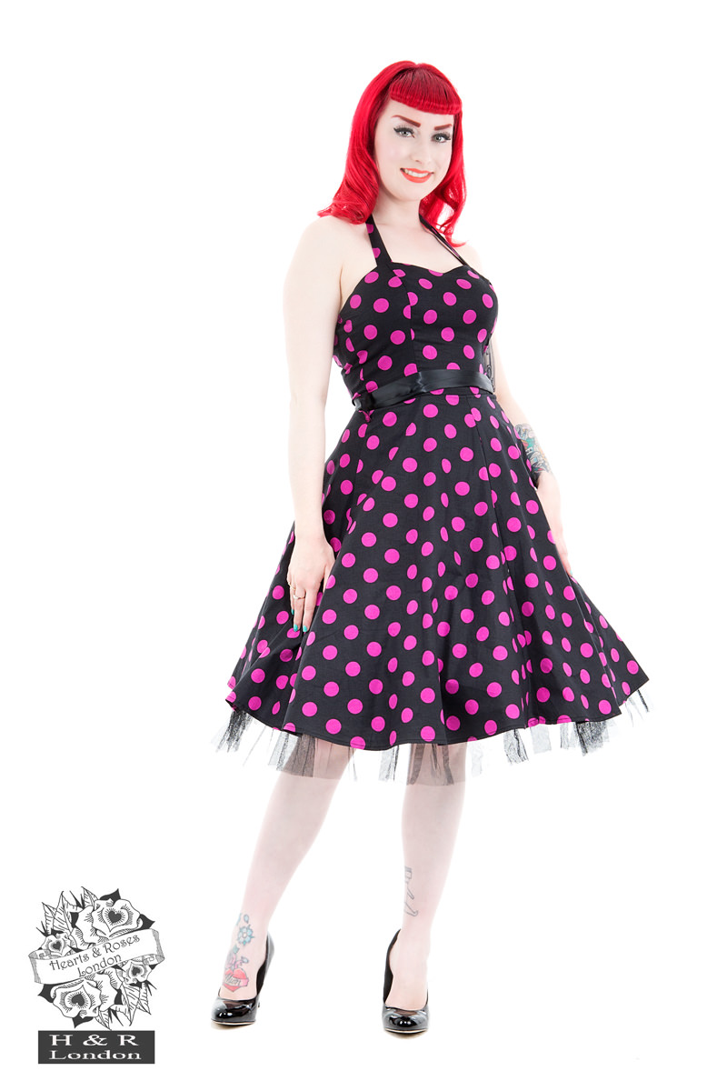 Black Purple Polka Dot Swing Dress in Black/Purple - Hearts & Roses London