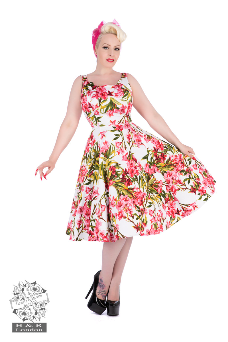 50s Pink Maureen Floral Swing Dress in White - Hearts & Roses London