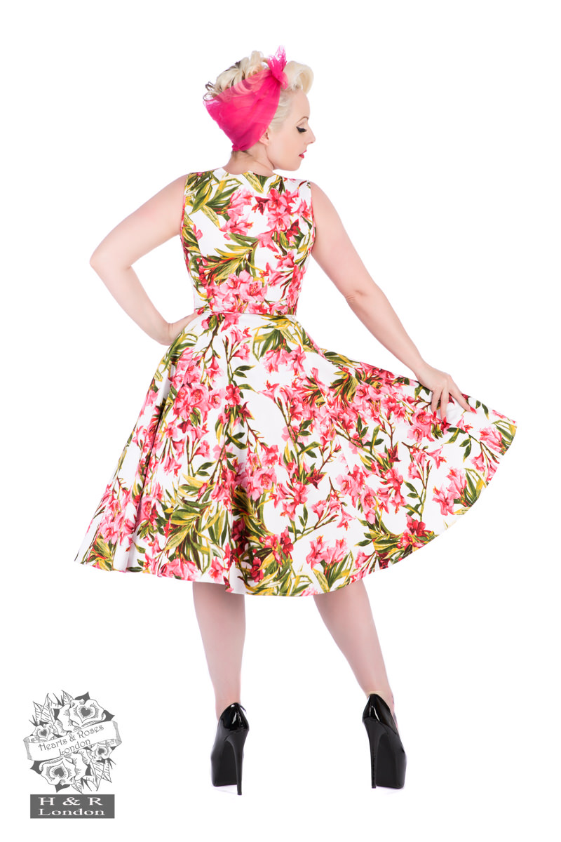 50s Pink Maureen Floral Swing Dress in White - Hearts & Roses London