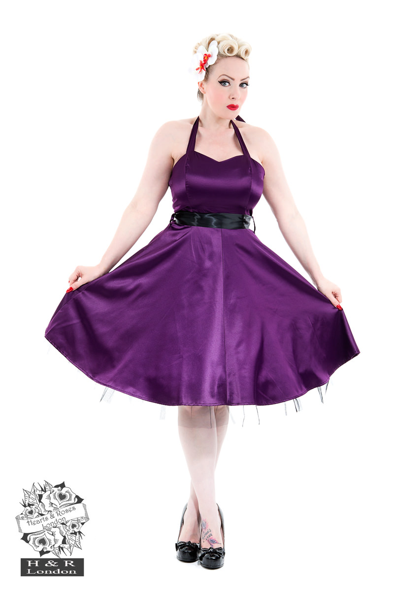 Smooth Purple Satin Halter Swing Dress - Hearts & Roses London