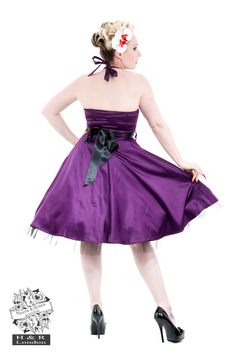 Smooth Purple Satin Halter Swing Dress in Purple - Hearts & Roses London