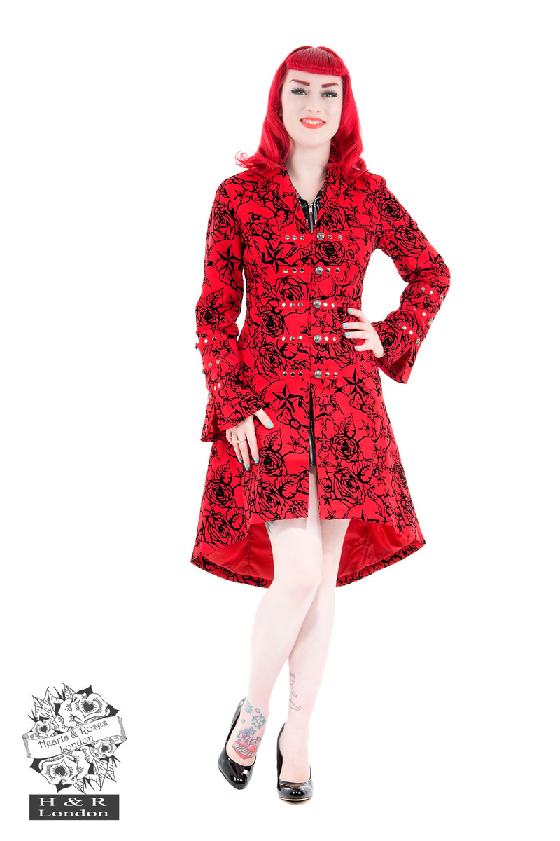 Red Flocked Tattoo Coat - Hearts & Roses London