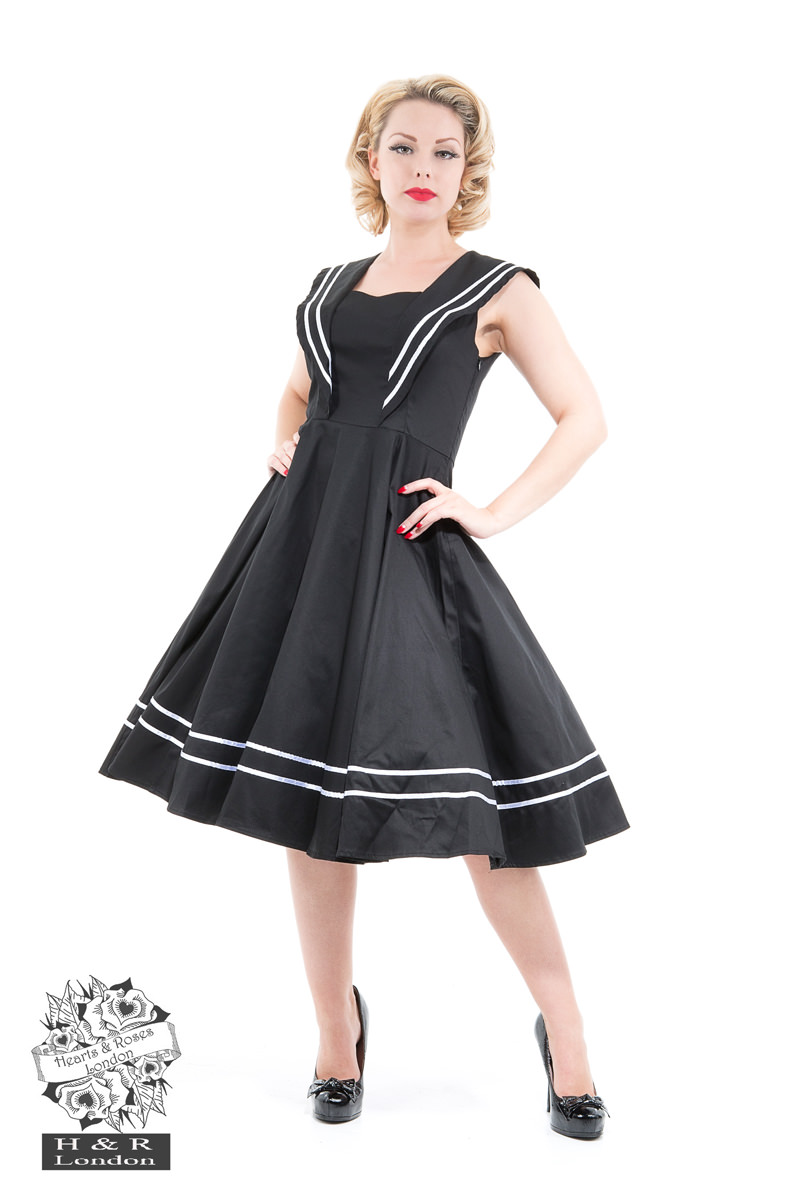 Black Sailor Dress in Black - Hearts & Roses London