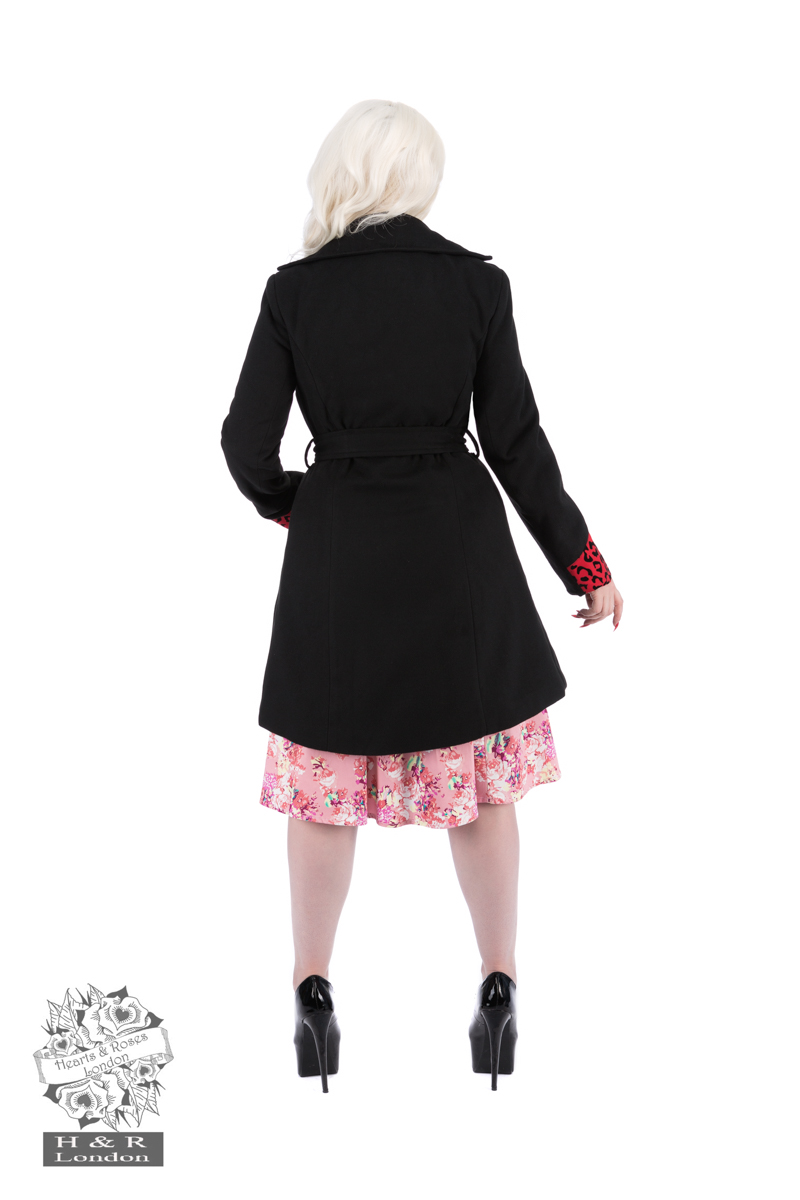 Black Red Flocked Coat in Black/Red - Hearts & Roses London