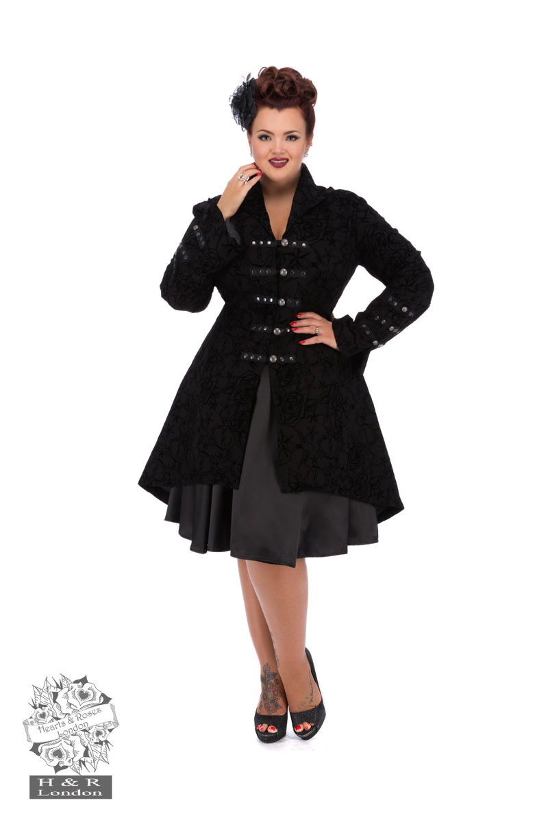 Black Flocked Tattoo Coat in Black/Black - Hearts & Roses London