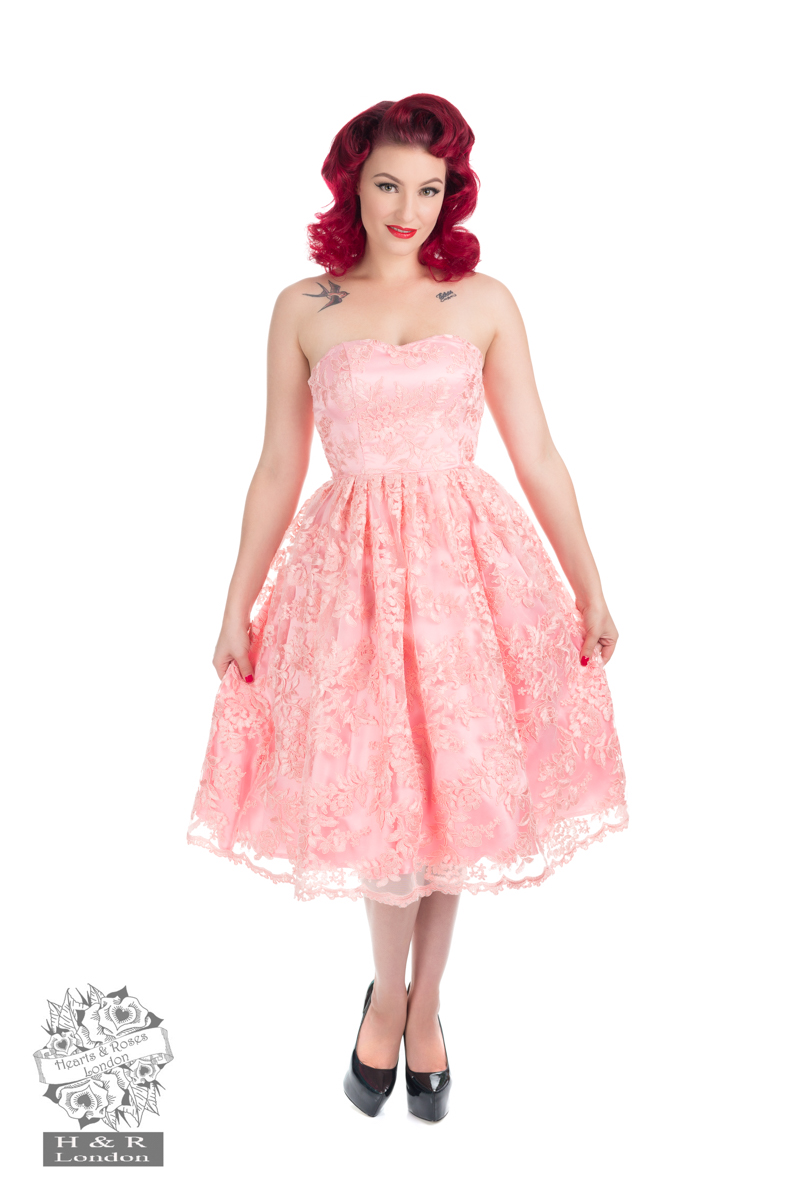 Pink Chantilly Lace Strapless Dress in Pink - Hearts & Roses London