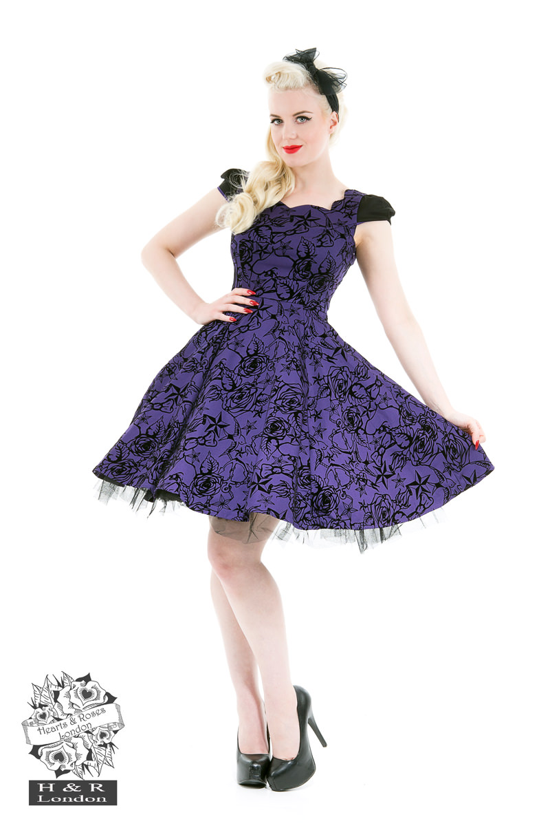Purple Flocked Evening Swing Dress - Hearts & Roses London