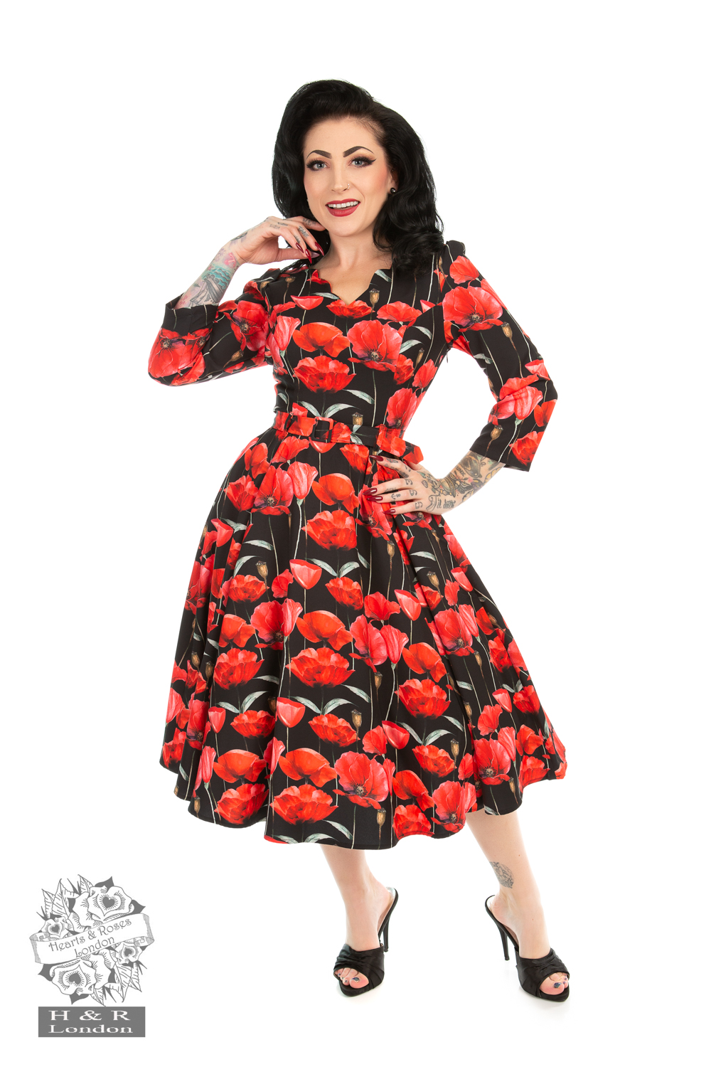 Sweet Poppy Swing Dress in Black in Black/Red - Hearts & Roses London