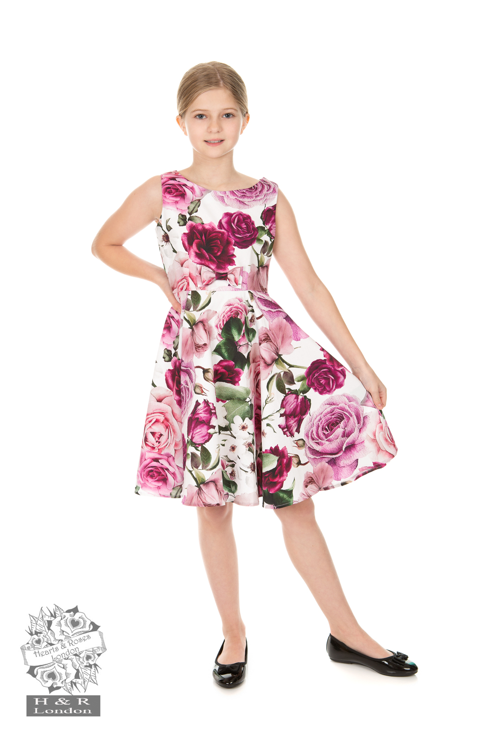 Girls Alice Floral Swing Dress in white - Hearts & Roses London