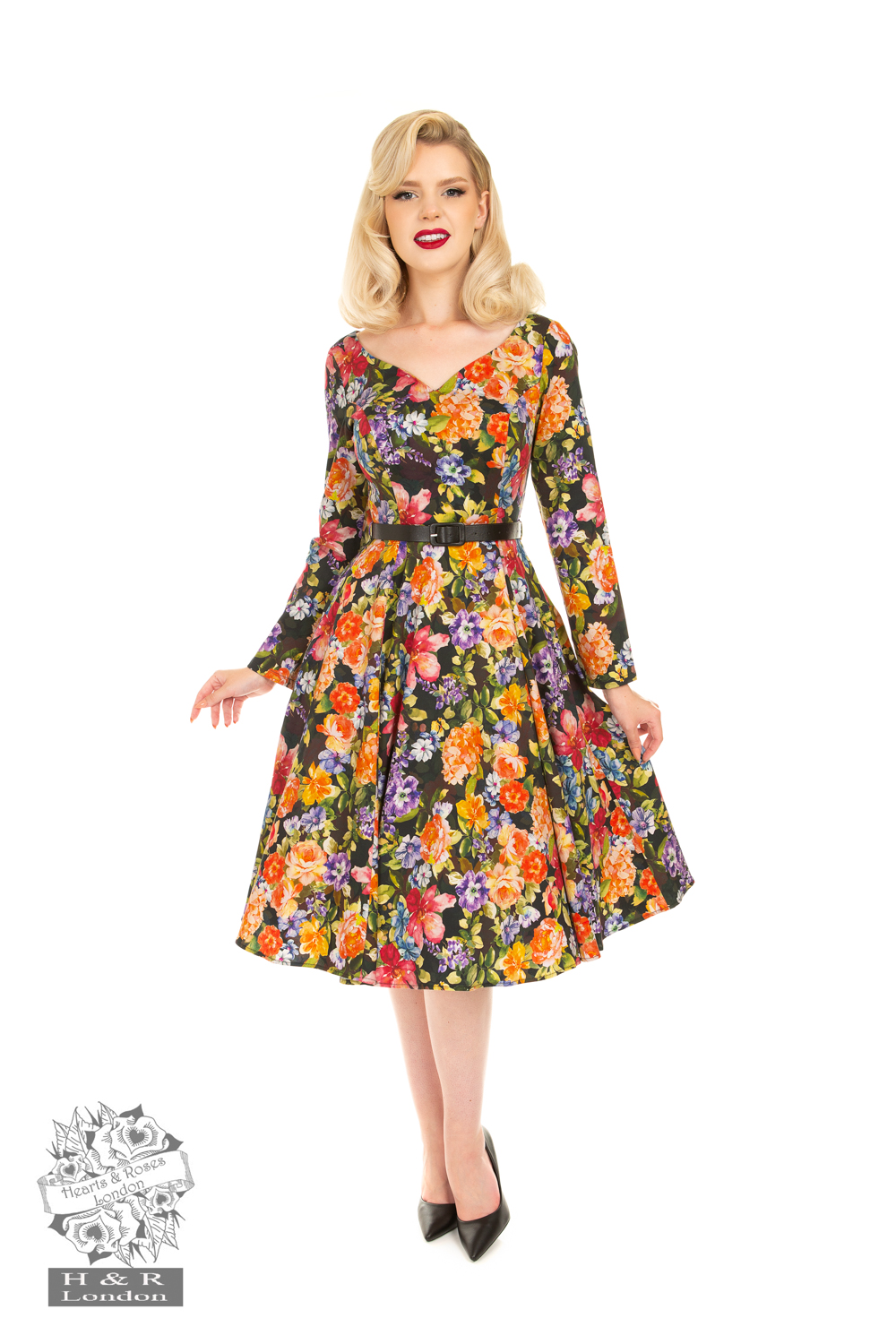 Sarah Floral Swing Dress in Green - Hearts & Roses London