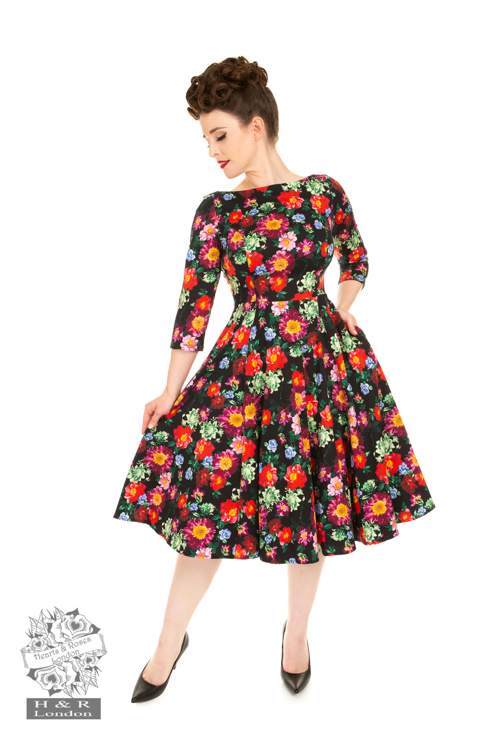 Sarah Floral Swing Dress in Green - Hearts & Roses London