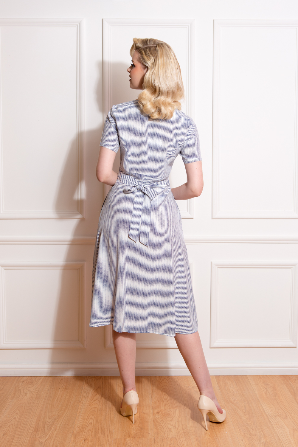 Cecilia A-Line Summer Dress in White/Blue - Hearts & Roses London