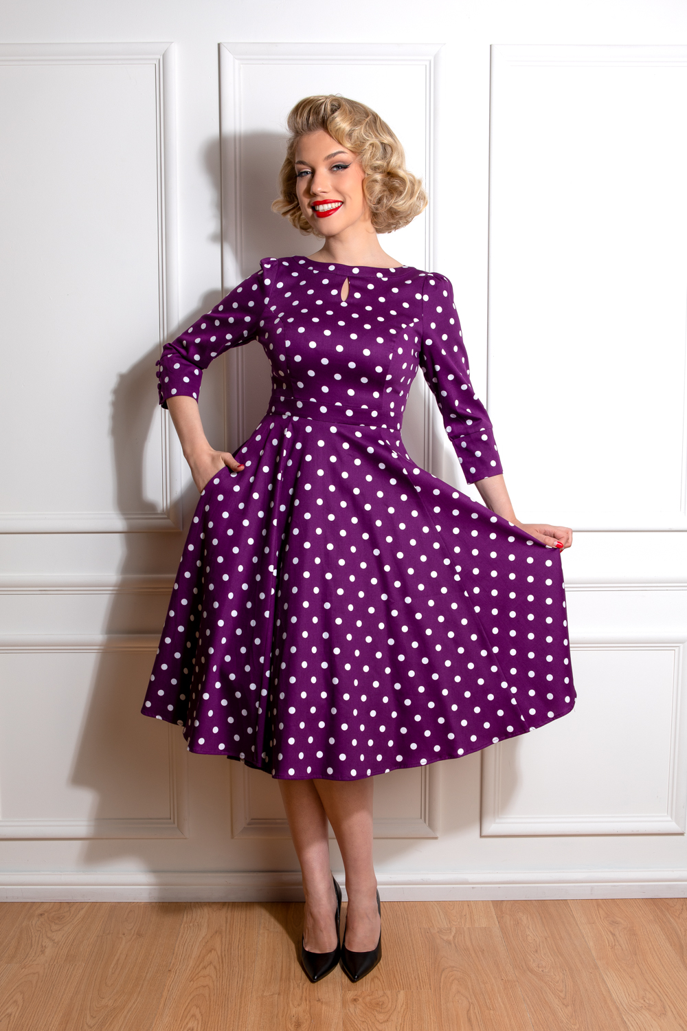 Madalyn Polka Dot Swing Dress in Purple - Hearts & Roses London
