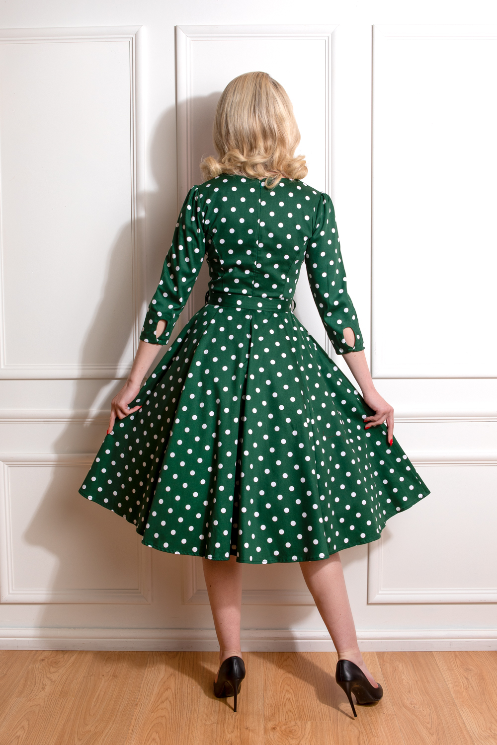 Kylie Green Polka Dot Swing Dress in Green - Hearts & Roses London