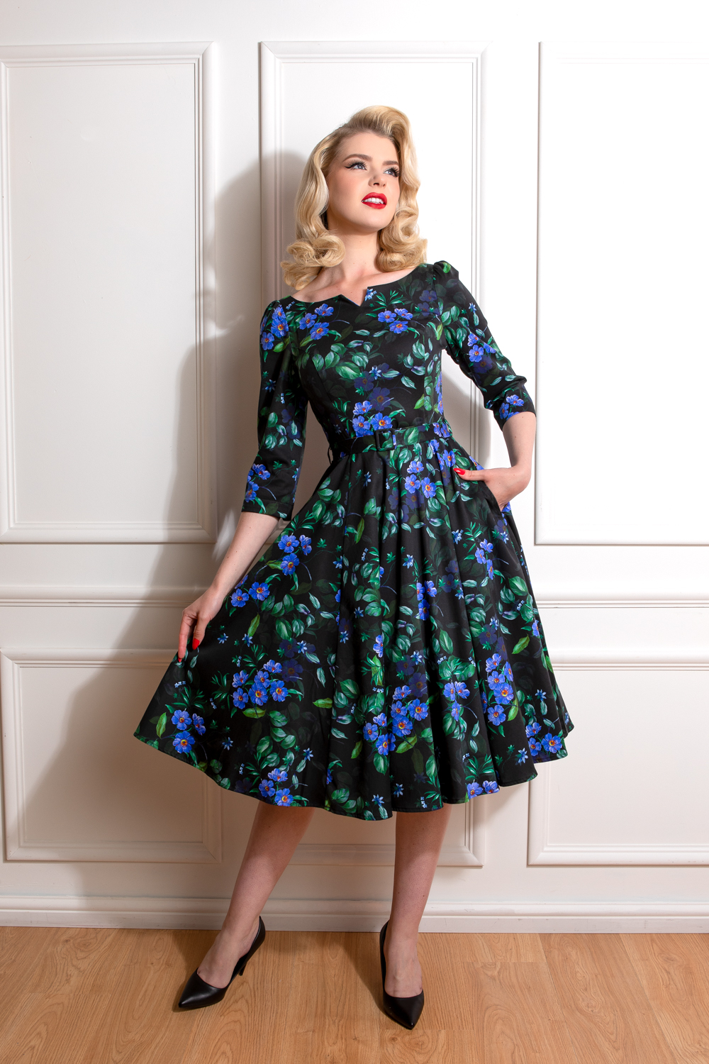 Amira Floral Swing Dress in Black - Hearts & Roses London