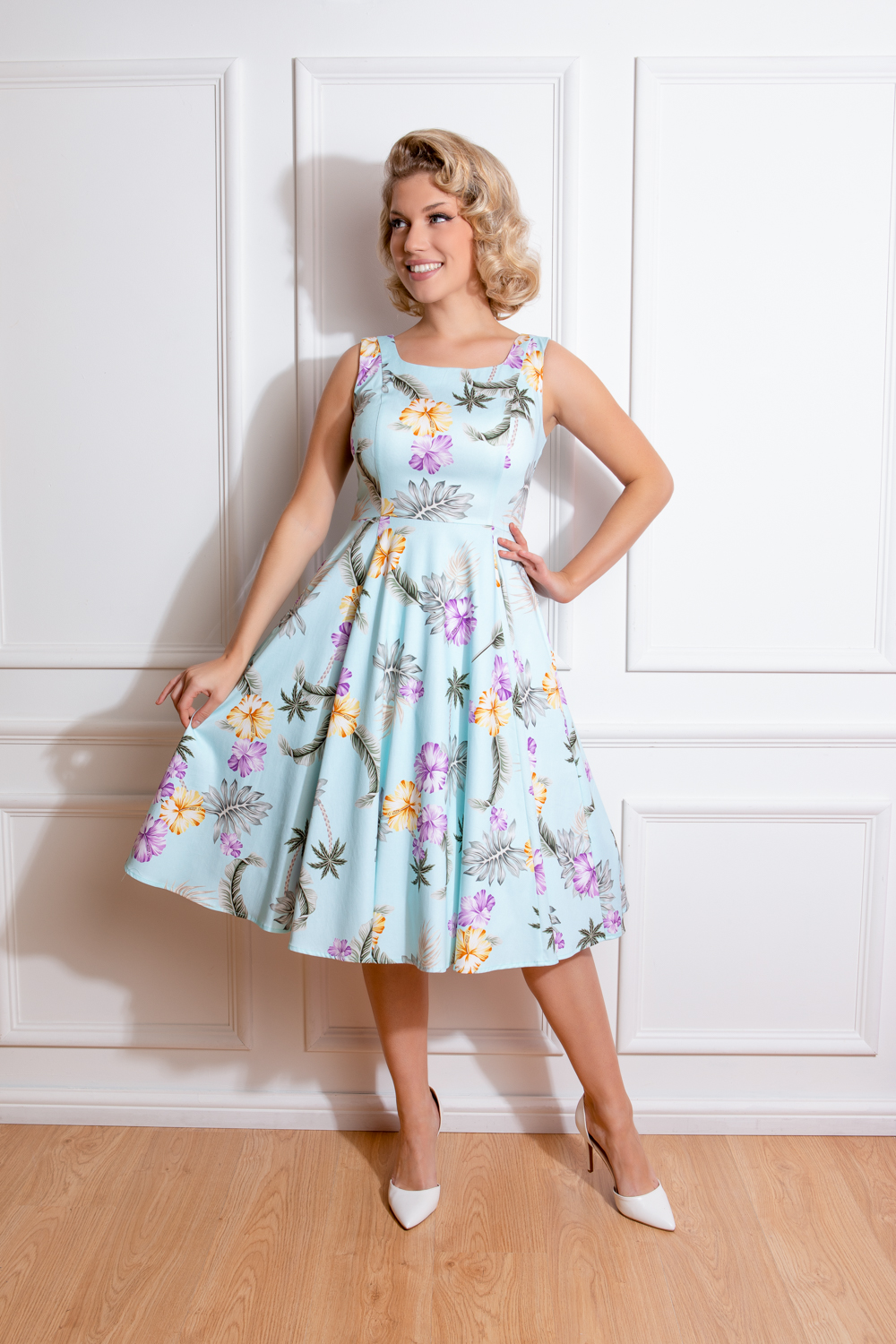 Lindsey Floral Swing Dress in Blue - Hearts & Roses London