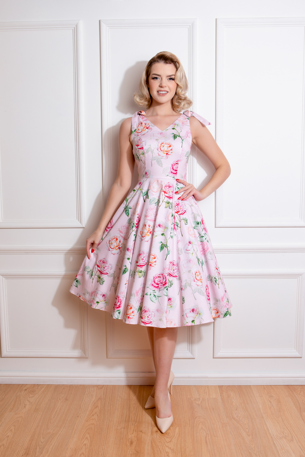 Emma Floral Swing Dress in Pink - Hearts & Roses London