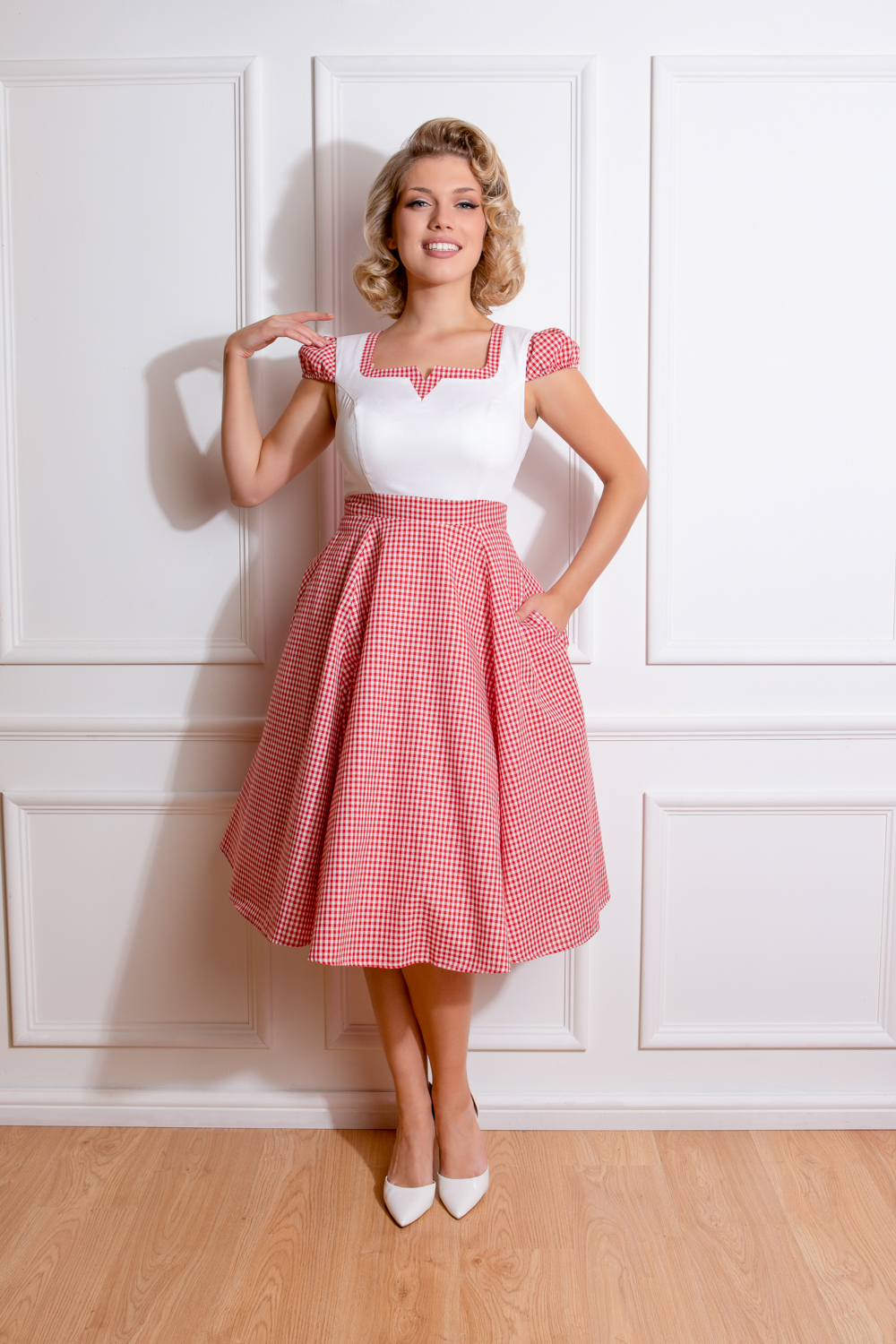 Chelsea Check Swing Dress in Red in Red/White - Hearts & Roses London