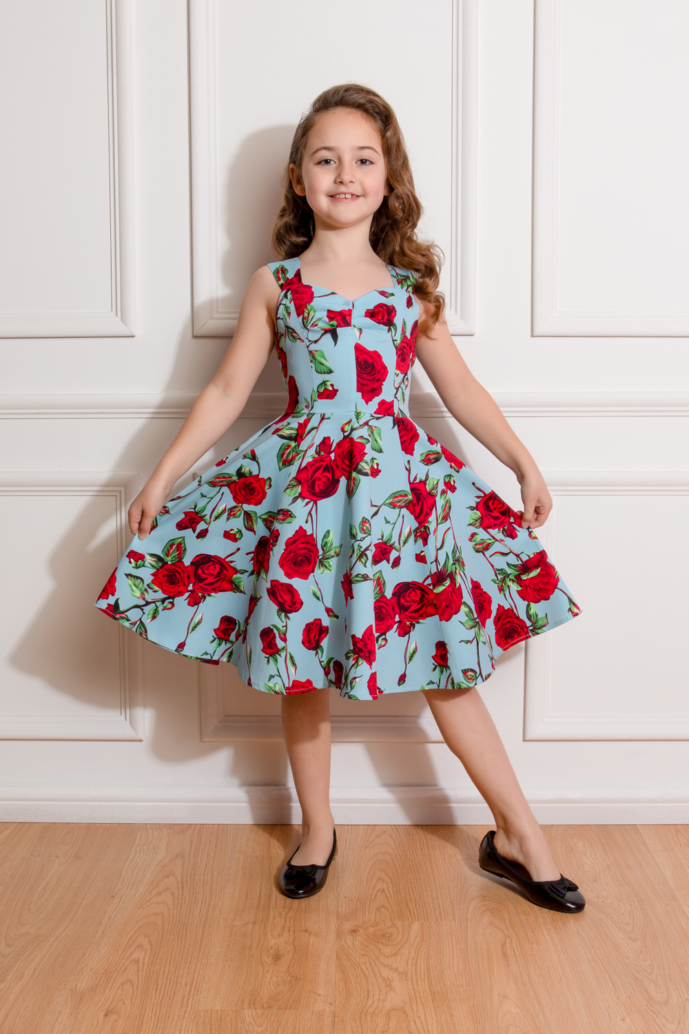 50s Ditsy Rose Floral Summer Dress in blue - Hearts & Roses London